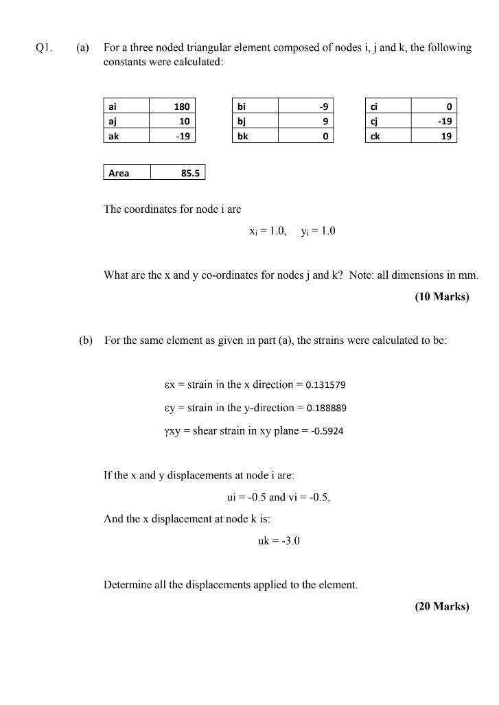 Solved Q1. (a) For a three noded triangular element composed | Chegg.com