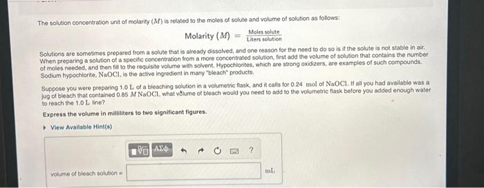 Solved Molarity (M)= Liters solution Moles solute | Chegg.com