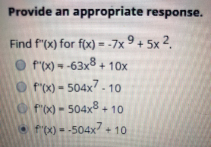 Solved Provide an appropriate response. Find f'(x) for f(x) | Chegg.com