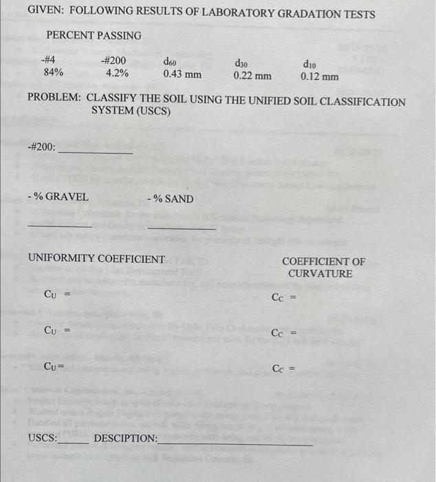 Solved GIVEN: FOLLOWING RESULTS OF LABORATORY GRADATION | Chegg.com