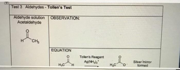 Solved Test 3 Aldehydes - Tollen's Test Aldehyde solution | Chegg.com