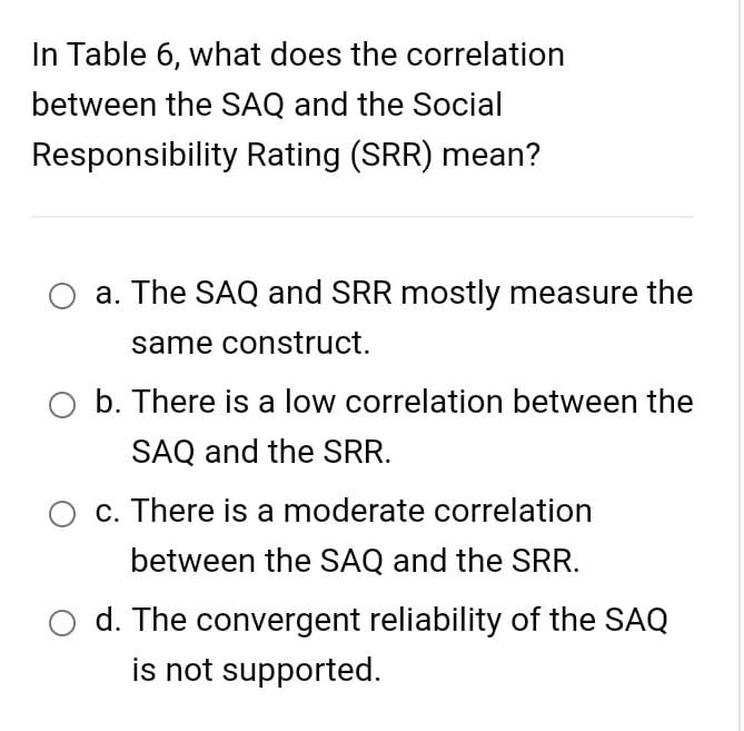 In Table 6, what does the correlation between the SAQ | Chegg.com