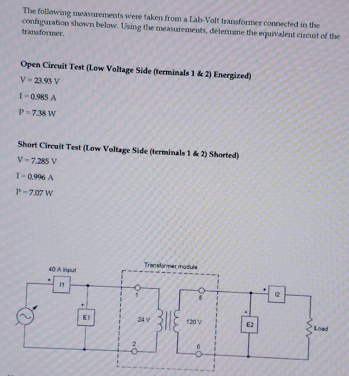 Solved The following measurements were taken from a Lab-Volt | Chegg.com