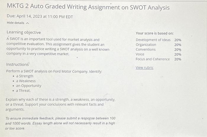 MKTG 2 Auto Graded Writing Assignment on SWOT | Chegg.com