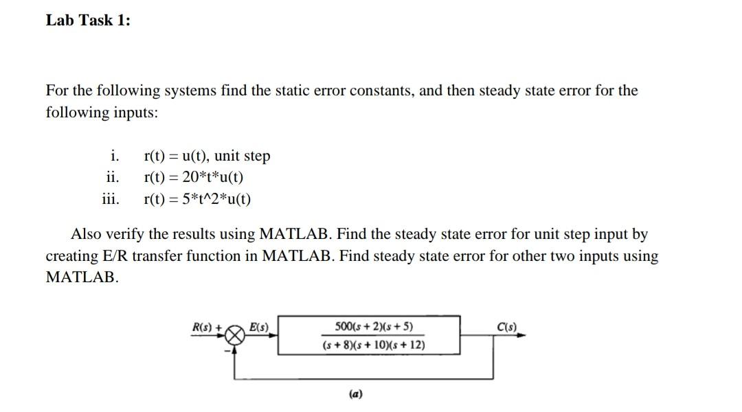 Solved Lab Task 1: For the following systems find the static | Chegg.com