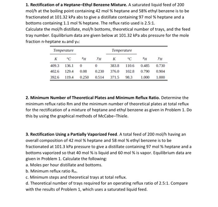 Solved 1. Rectification of a Heptane-Ethyl Benzene Mixture. | Chegg.com