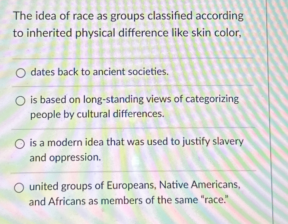 Solved The idea of race as groups classified according to | Chegg.com