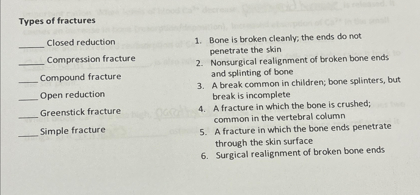 Solved Types of fractures ﻿Closed reduction ﻿Compression | Chegg.com