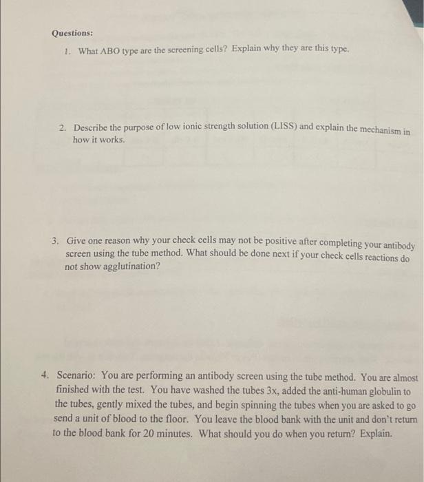 Solved Questions: 1. What ABO type are the screening cells? | Chegg.com