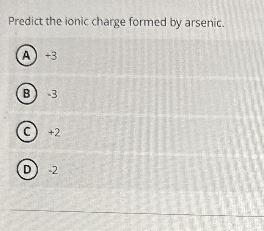 Solved Predict the ionic charge formed by arsenic.+3-3+2-2 | Chegg.com