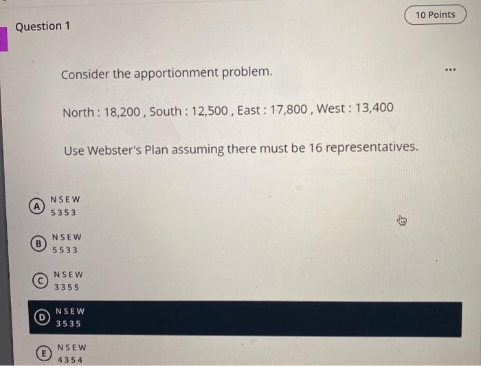 Solved 10 Points Question 1 Consider the apportionment | Chegg.com