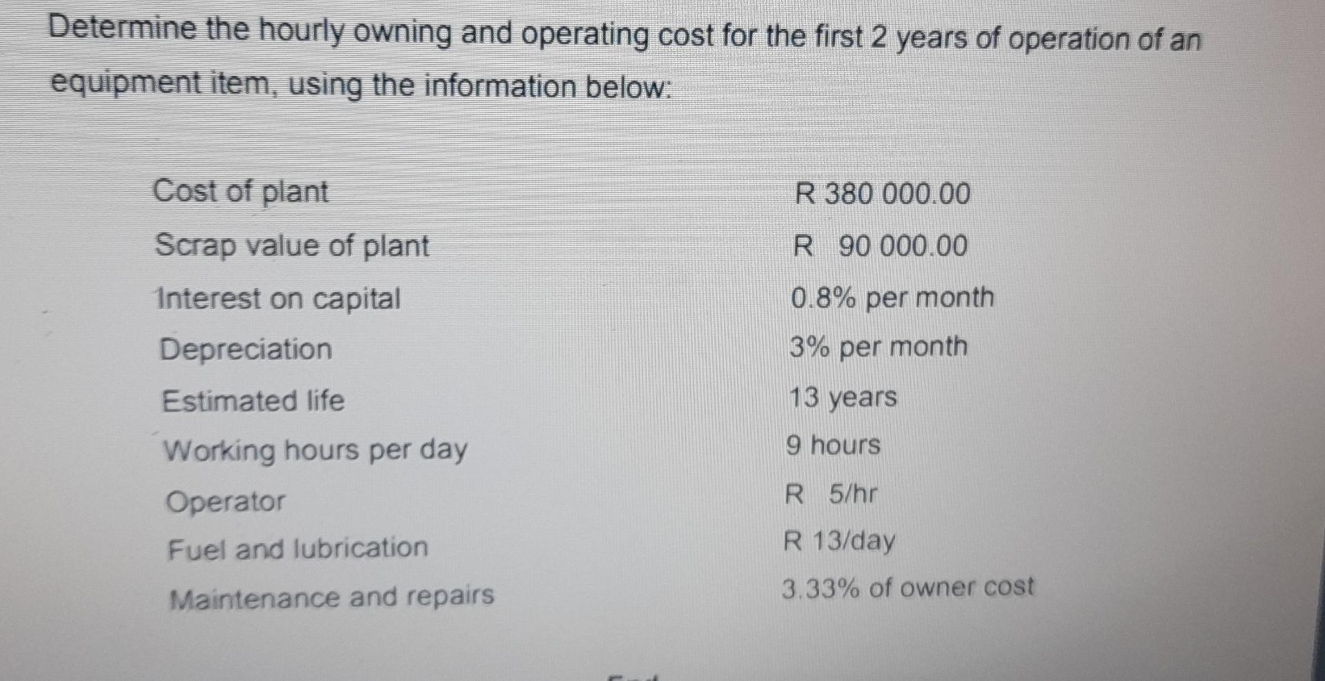 Solved Determine the hourly owning and operating cost for | Chegg.com