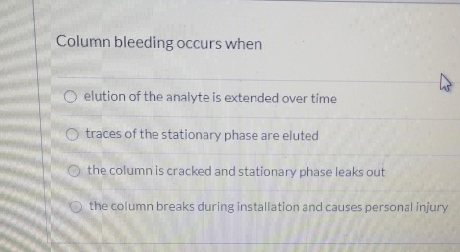 Solved Column bleeding occurs when elution of the analyte is | Chegg.com