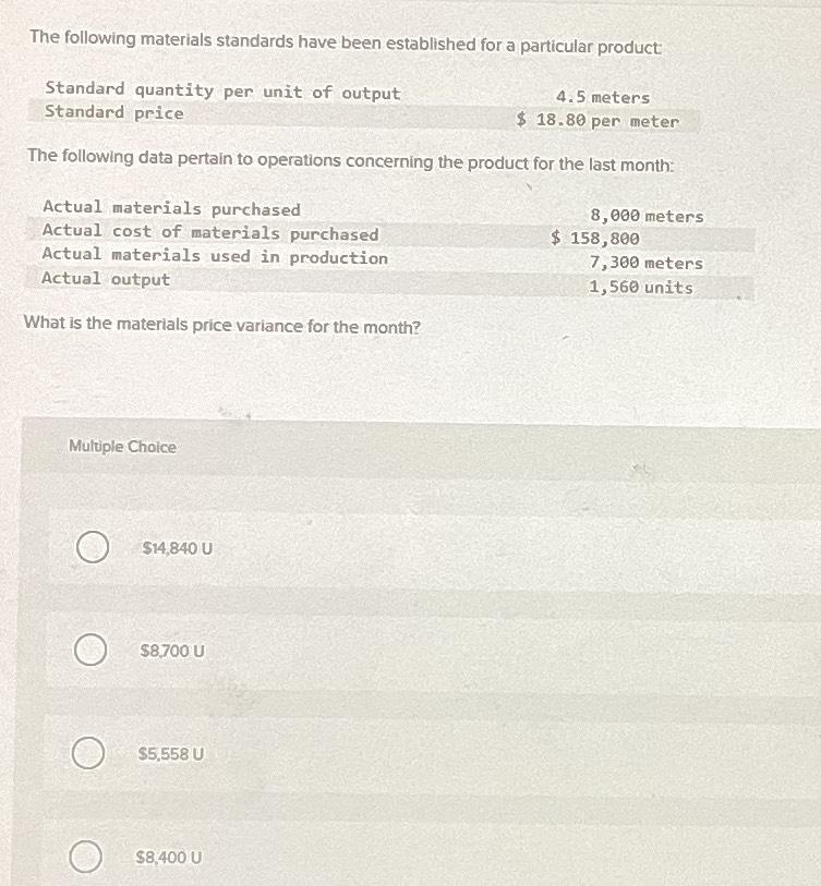 Solved The following materials standards have been | Chegg.com