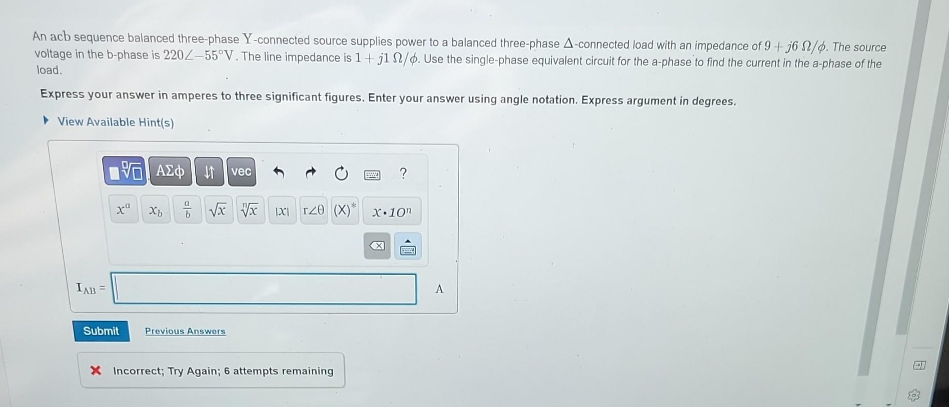 Solved An Acb Sequence Balanced Three Phase Y Connected