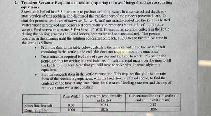 Solved 2. Transient Seawater Evaporation problem (exploring | Chegg.com