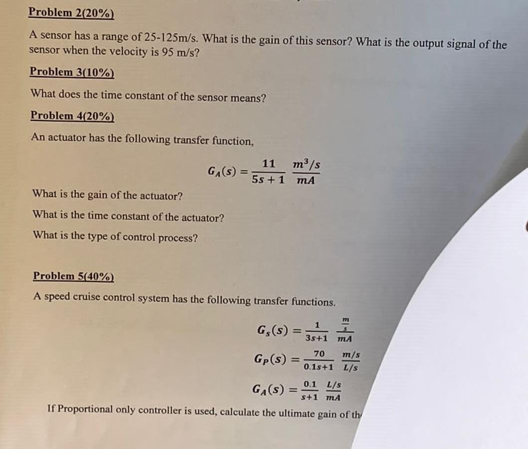 Solved Problem 2(20%)A sensor has a range of 25-125ms. ﻿What | Chegg.com