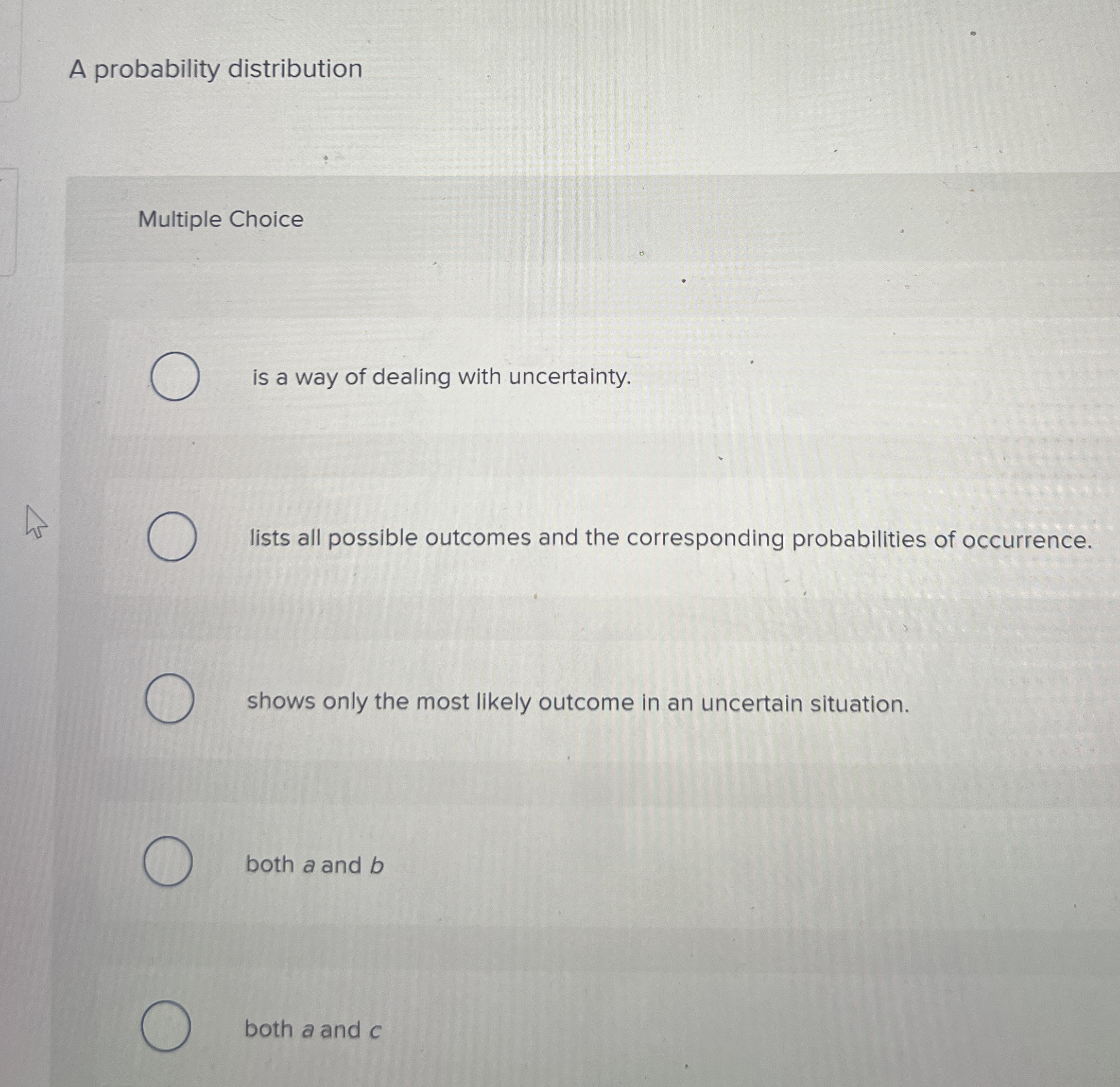 Solved A probability distributionMultiple Choiceis a way of | Chegg.com