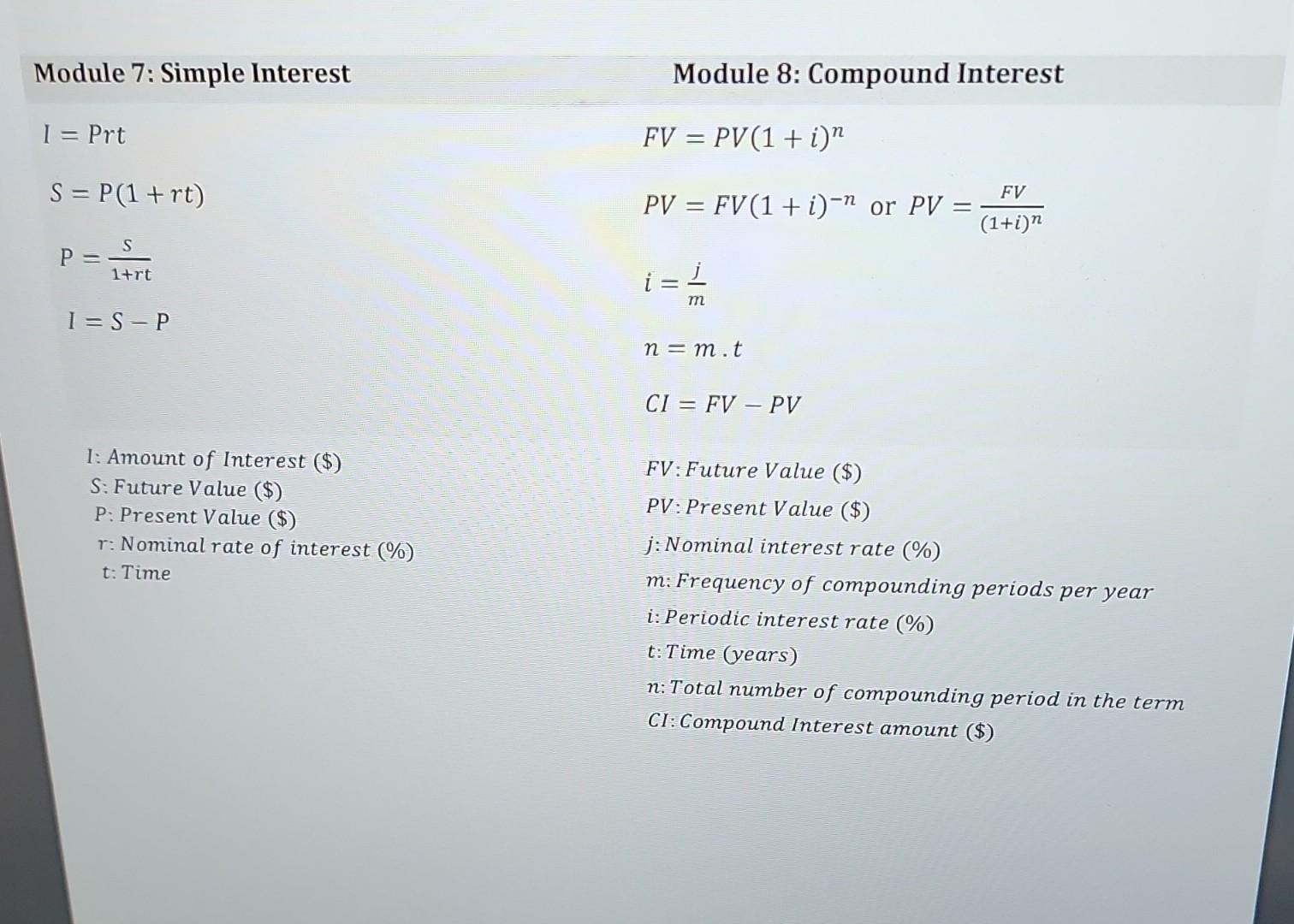 Solved Module 7: Simple Interest I=PrtS=P(1+rt)P=1+rtsI=S−P | Chegg.com