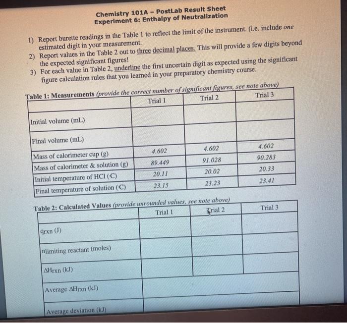 Chemistry 101A - PostLab Result Sheet Experiment 6: | Chegg.com