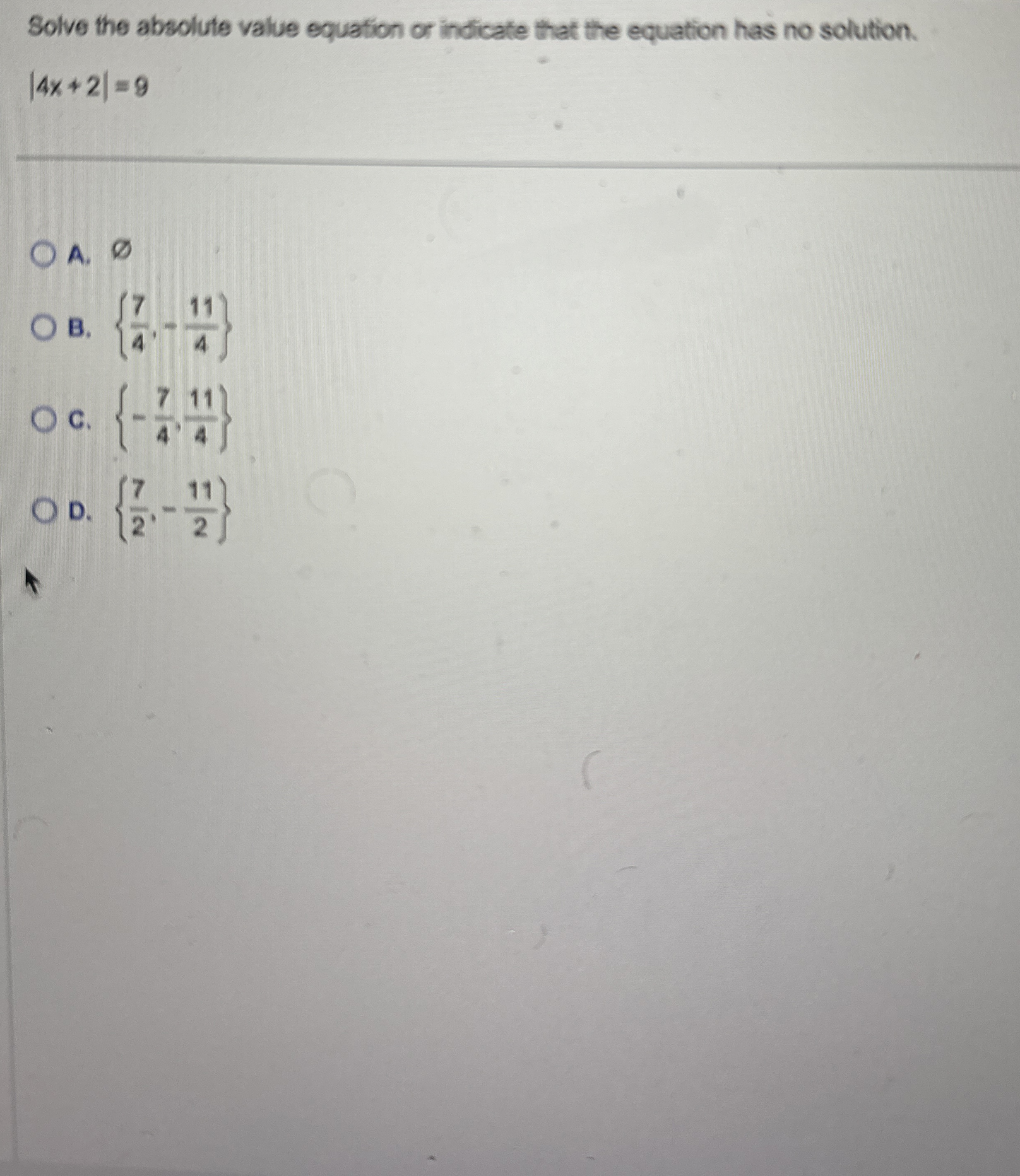 Solved Solve the absolute value equation or indicate that | Chegg.com