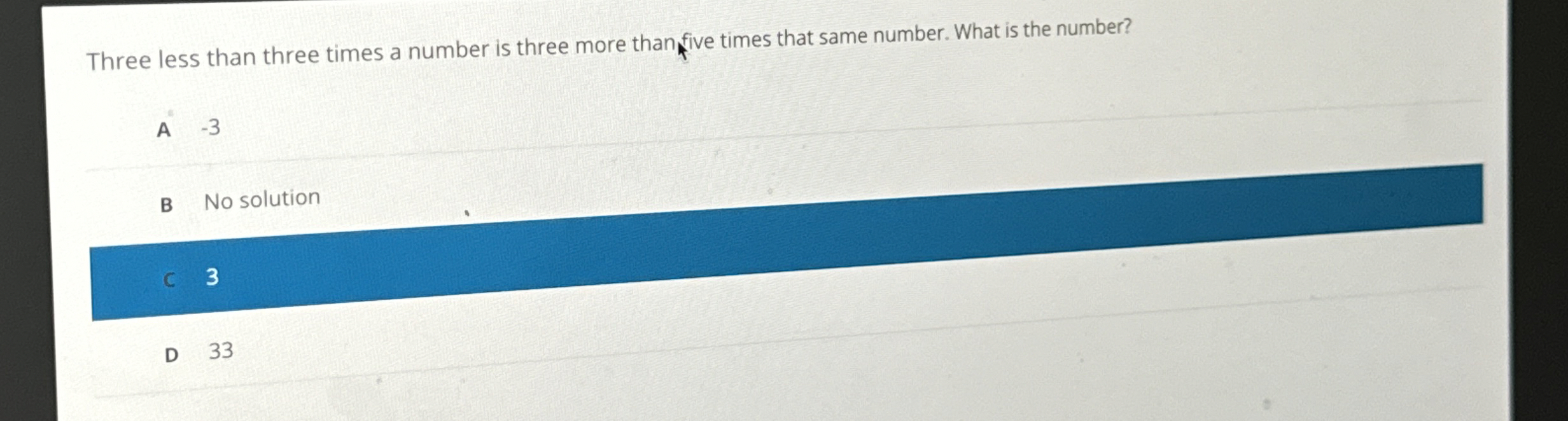 Solved Three less than three times a number is three more | Chegg.com