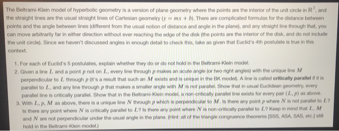 The Beltrami-Klein model of hyperbolic geometry is a | Chegg.com