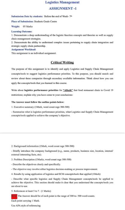 Solved Logistics Management ASSIGNMENT-1 Submission Date by | Chegg.com