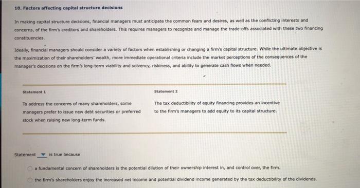 Solved 10. Factors affecting capital structure decisions In | Chegg.com Solved 10. Factors affecting capital structure decisions In | Chegg.com
