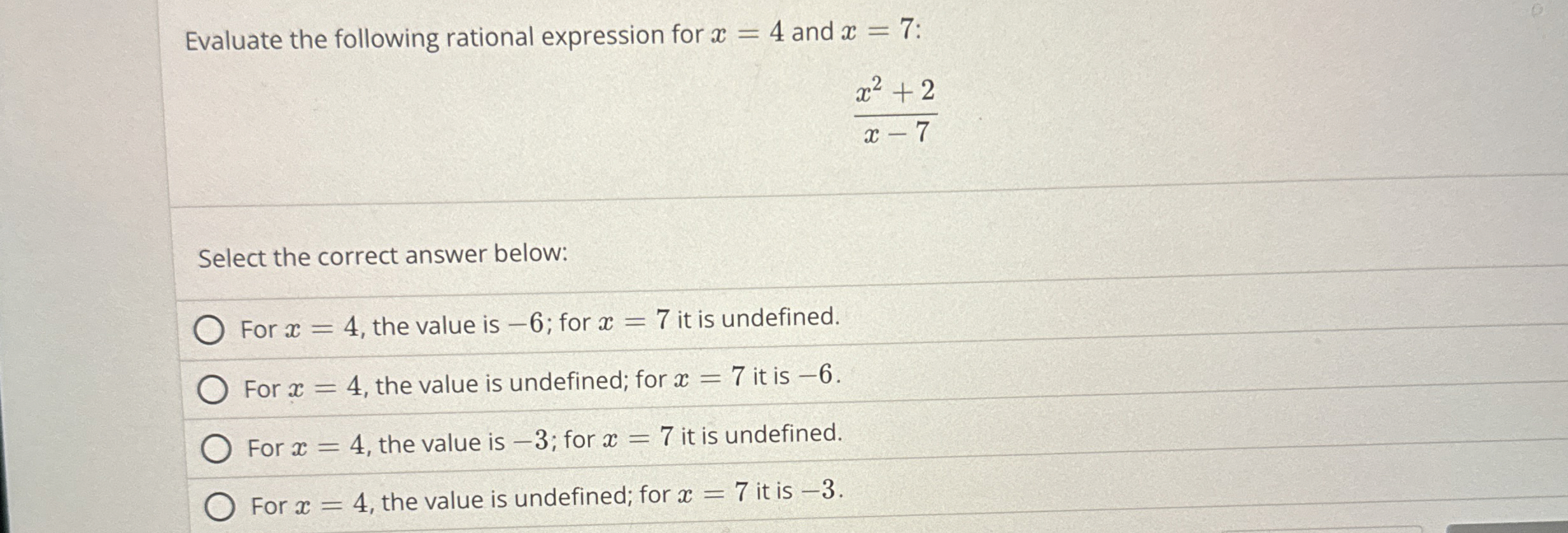 Solved Evaluate the following rational expression for x=4 | Chegg.com