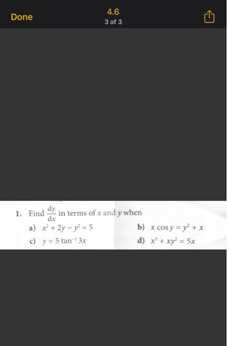 Solved 1. Find dxdy in terms of x and y when a) x2+2y−y2=5 | Chegg.com