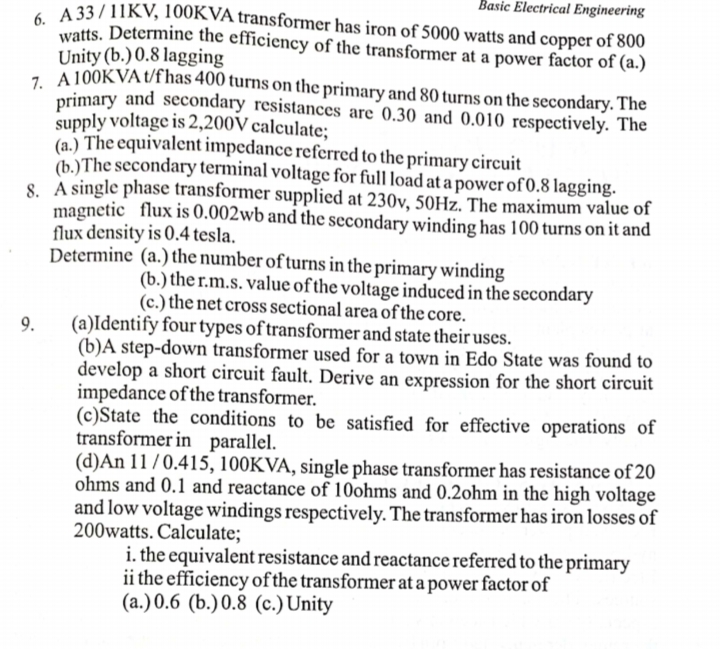 Solved Basic Electrical Engineering6. ﻿A 3311KV,100KVA | Chegg.com