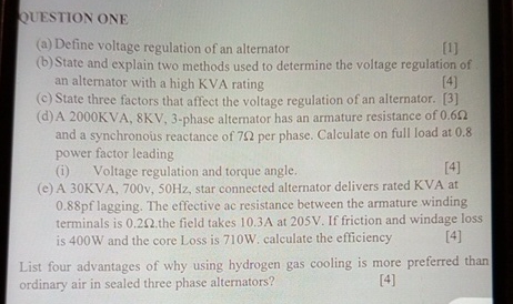 Solved QUESTION ONE(a) ﻿Define voltage regulation of an | Chegg.com