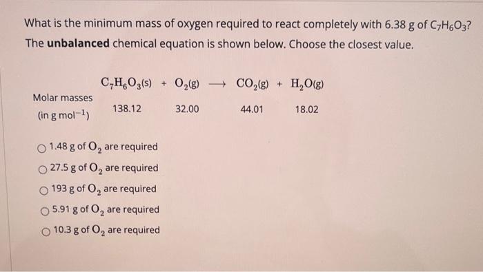 Solved What is the minimum mass of oxygen required to react | Chegg.com