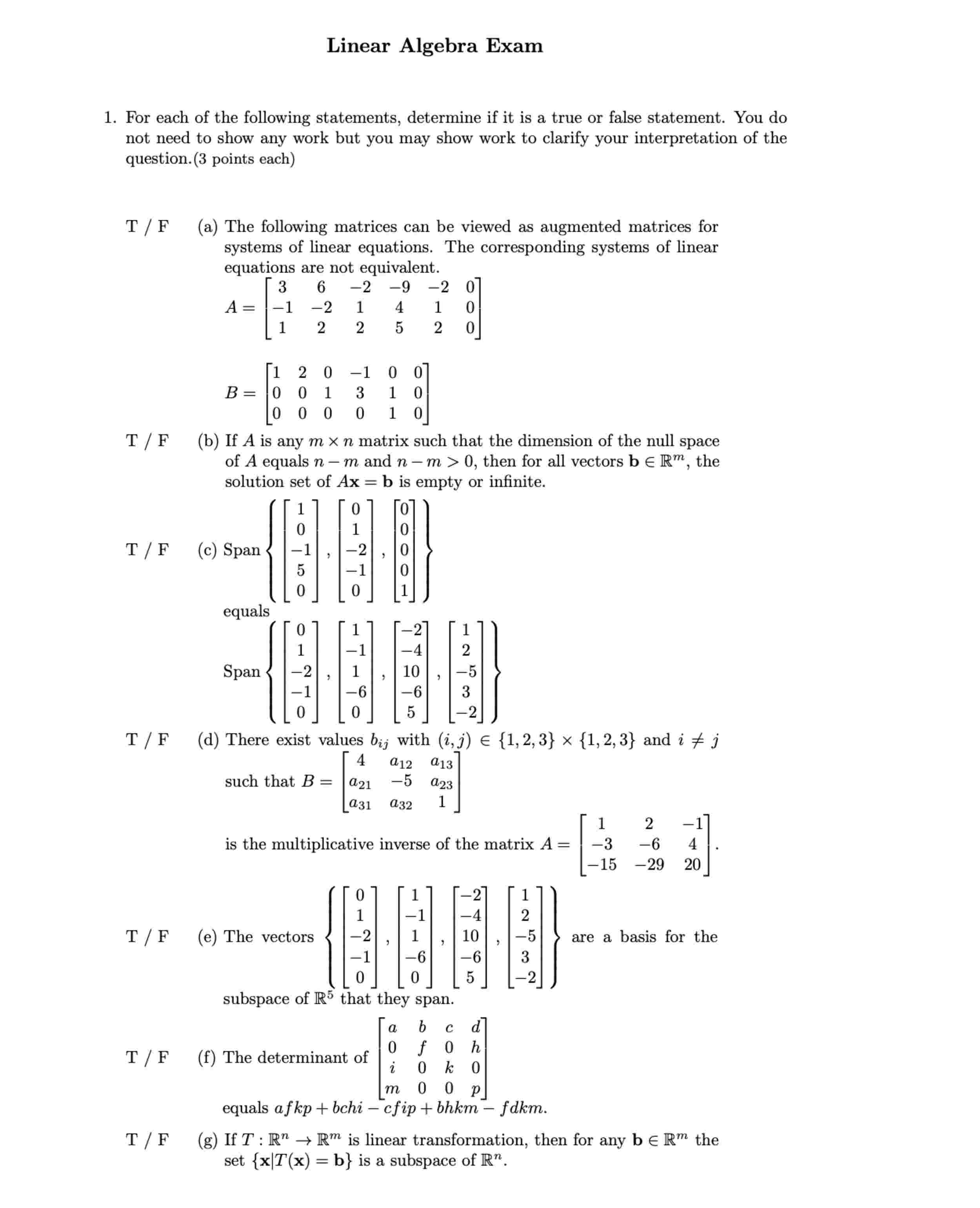 Solved For each of ﻿the following statements, determine | Chegg.com