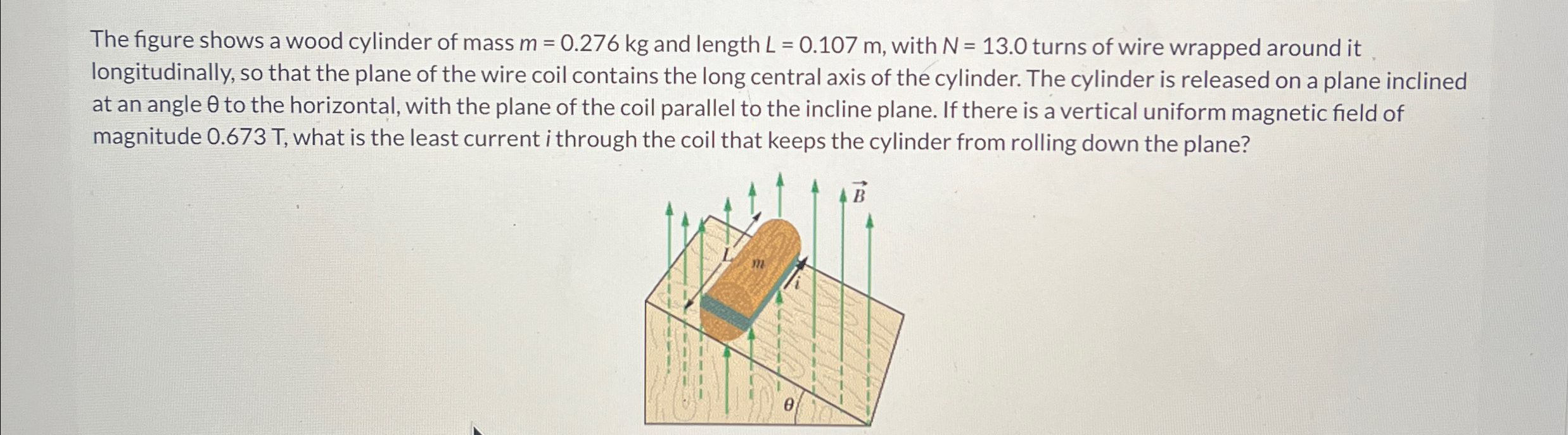 Solved The figure shows a wood cylinder of mass m=0.276kg | Chegg.com