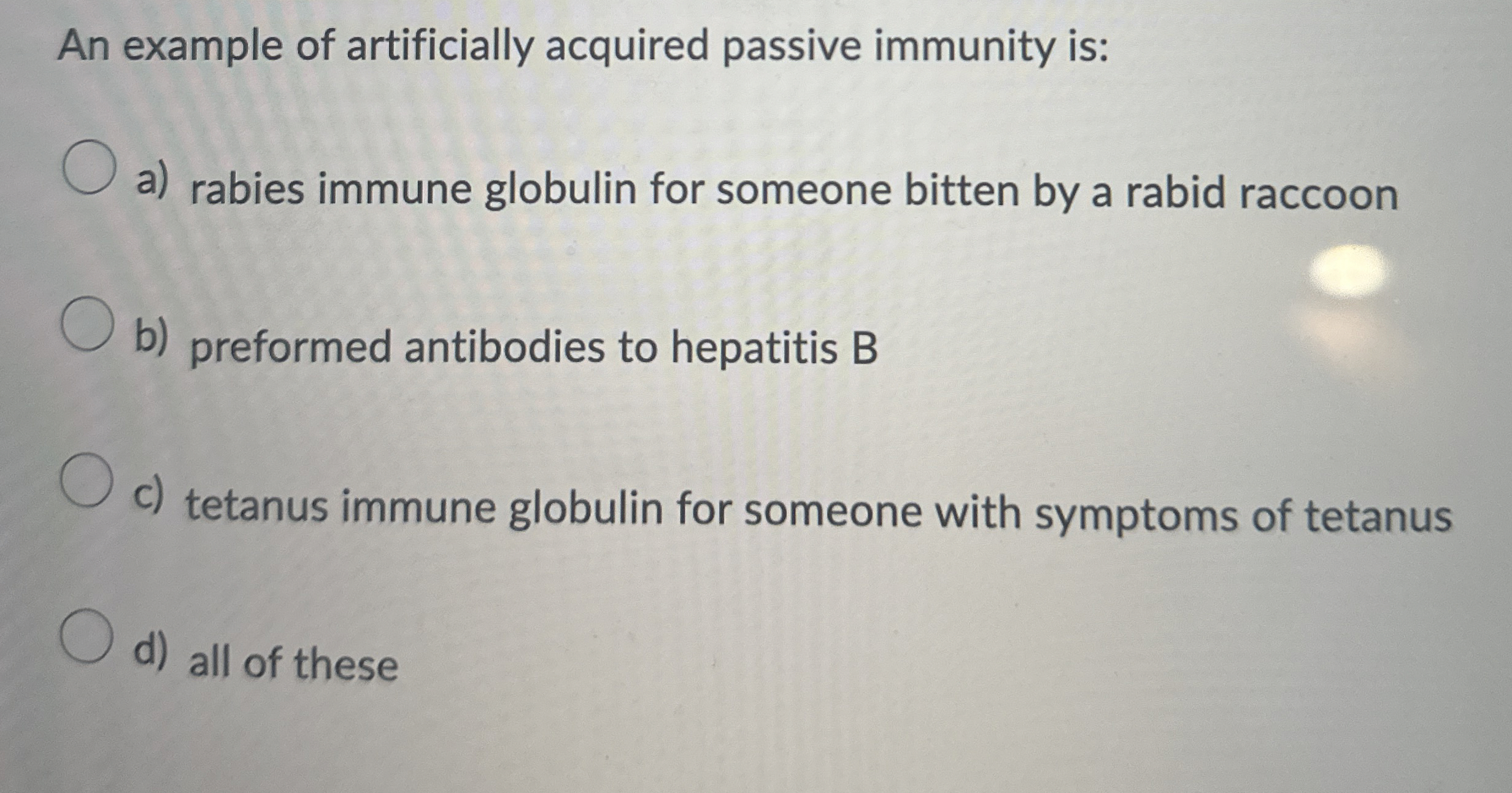 Solved An example of artificially acquired passive immunity | Chegg.com
