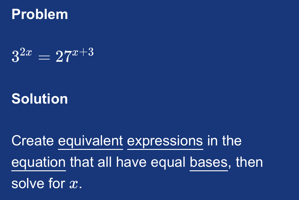 Solved Problem32x=27x+3SolutionCreate equivalent expressions | Chegg.com