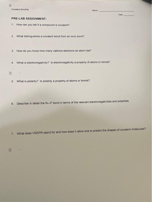 Solved Covalent Bonding Nome De PRE-LAB ASSIGNMENT: 1. How | Chegg.com