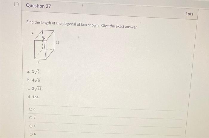 Solved Question 27 Find the length of the diagonal of box | Chegg.com