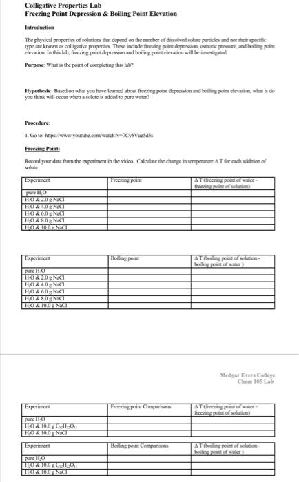 Solved Colligative Properties Lab Freezing Point Depression | Chegg.com