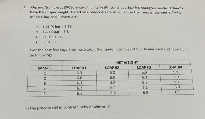 Solved 1. Organic Grains uses SPC to ensure that its | Chegg.com