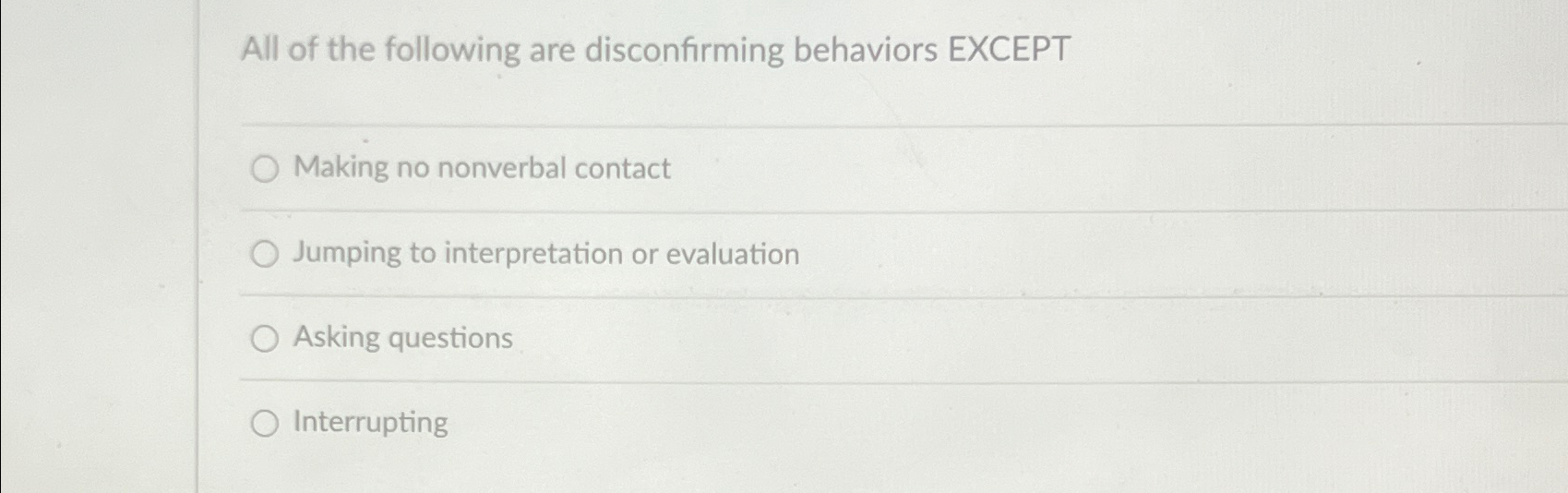 Solved All of the following are disconfirming behaviors | Chegg.com