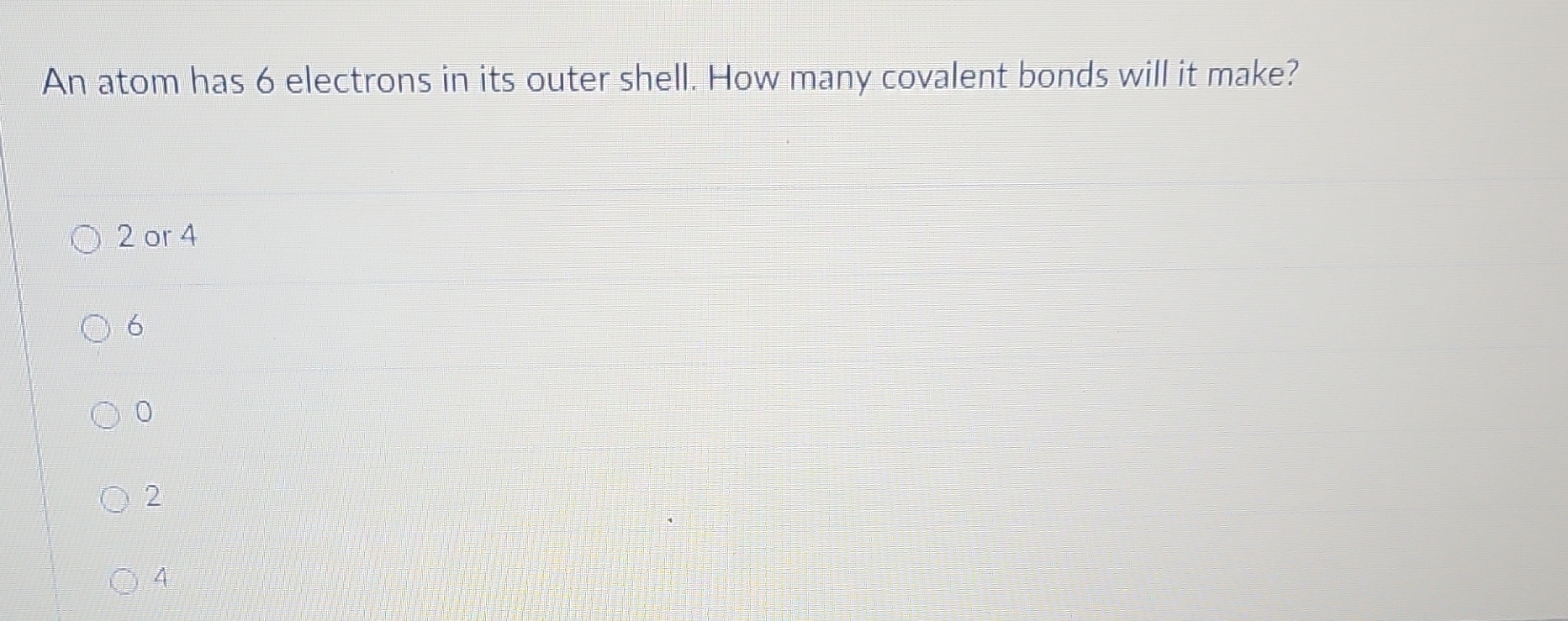 Solved An atom has 6 ﻿electrons in its outer shell. How many | Chegg.com