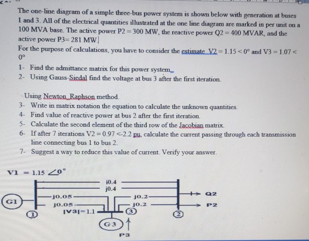 The one-line diagram of a simple three-bus power | Chegg.com