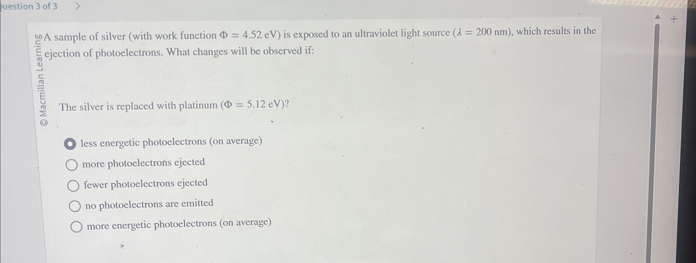 Solved uestion 3 ﻿of 3A sample of silver (with work function | Chegg.com