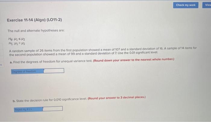 Solved Check my work View Exercise 11-14 (Algo) (LO11-2) The | Chegg.com