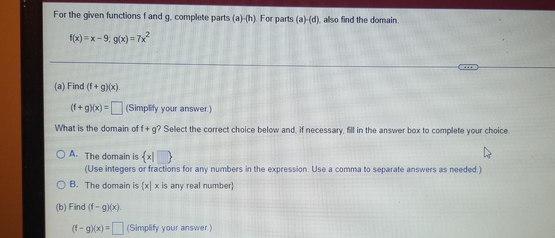 Solved For the given functions fand g, complete parts | Chegg.com