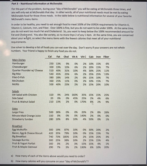 Part 3 - Nutritional information at McDonalds For | Chegg.com
