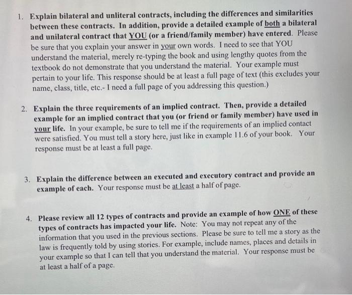 Solved 1. Explain bilateral and unliteral contracts, | Chegg.com